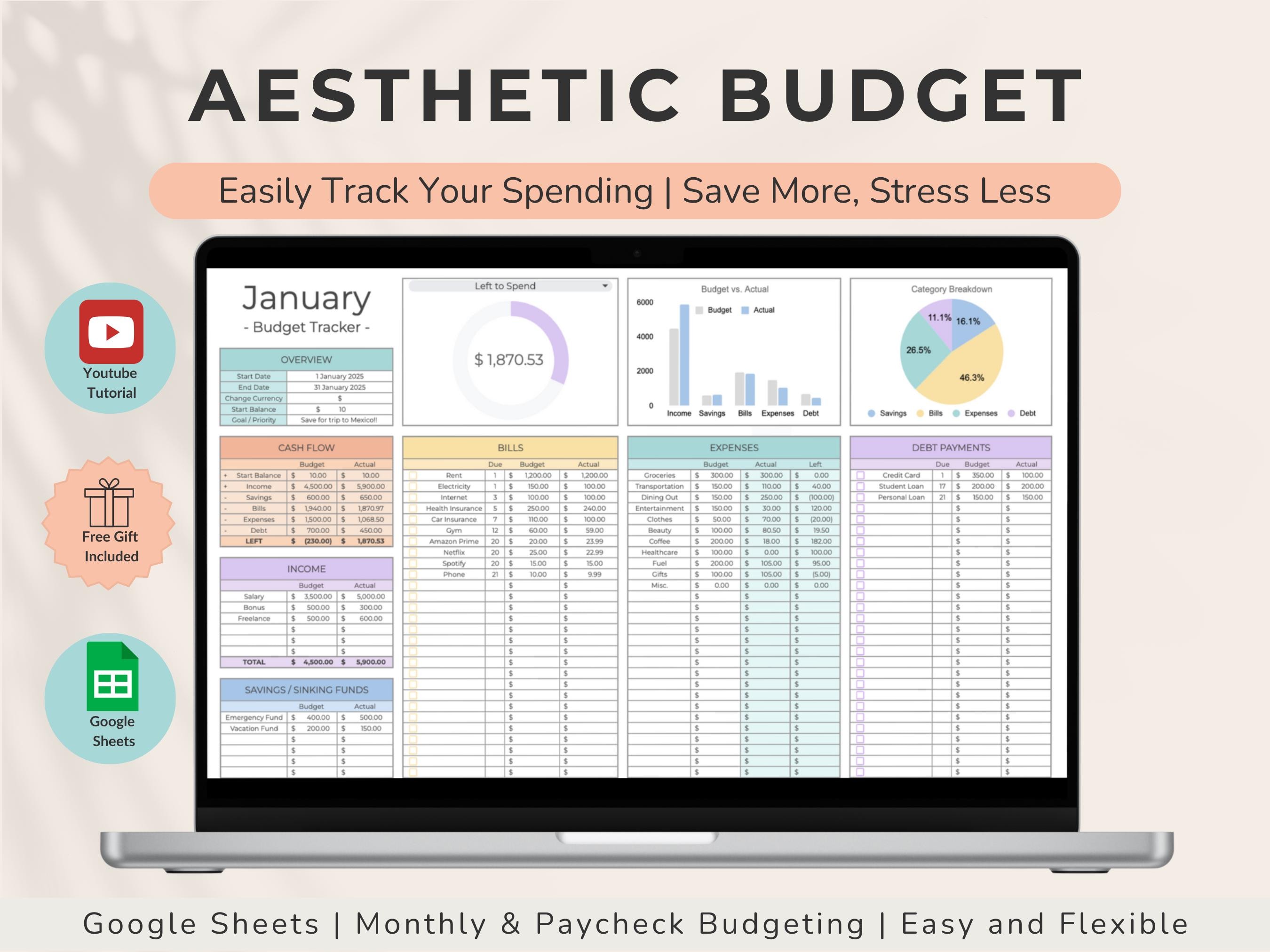 Aesthetic Budget Spreadsheet Google Sheets, Minimalist Monthly Budget ...