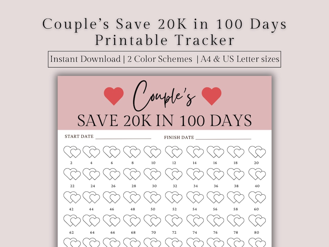Couples Save 20k in 100 Days Tracker Printable Savings Challenge ...