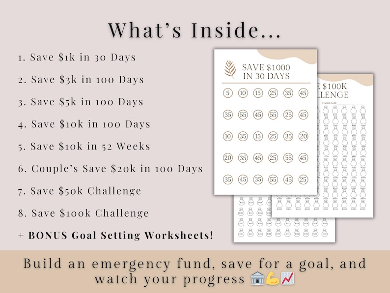 Savings Challenge Bundle Printable Goal Trackers for 1k, 3k, 5k, 10k ...