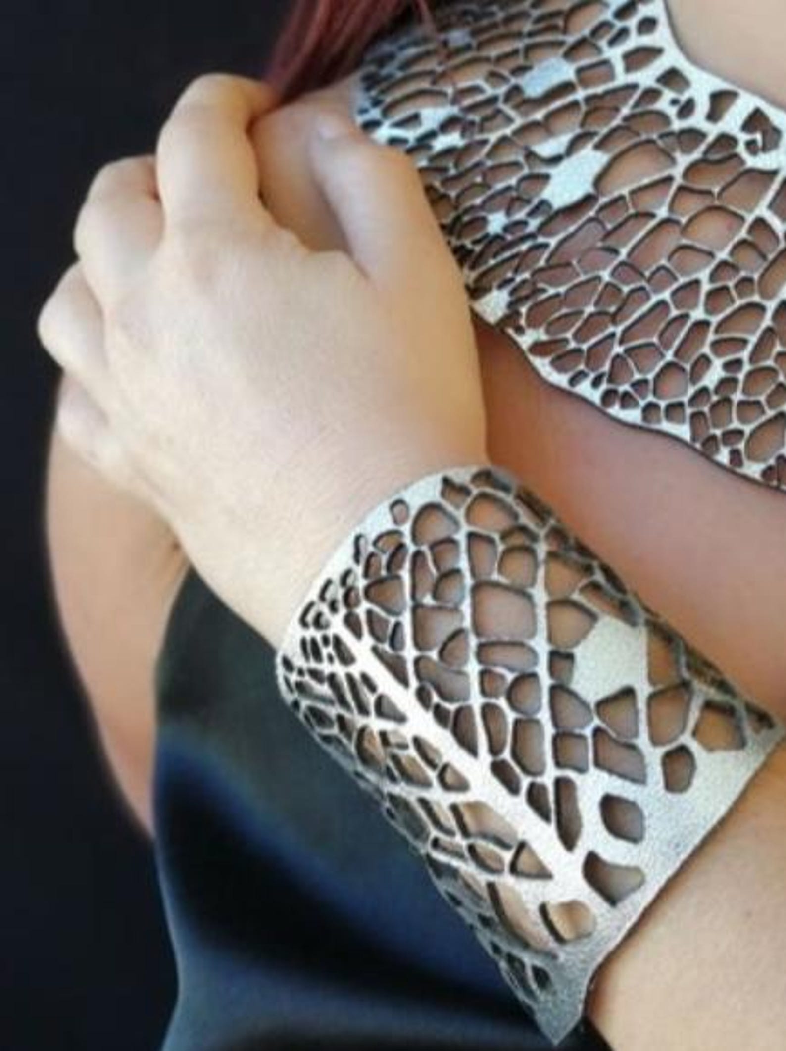 Laser Cut Filigree Leather Bracelet, Platinum Animal Skin Cuff, Boho ...