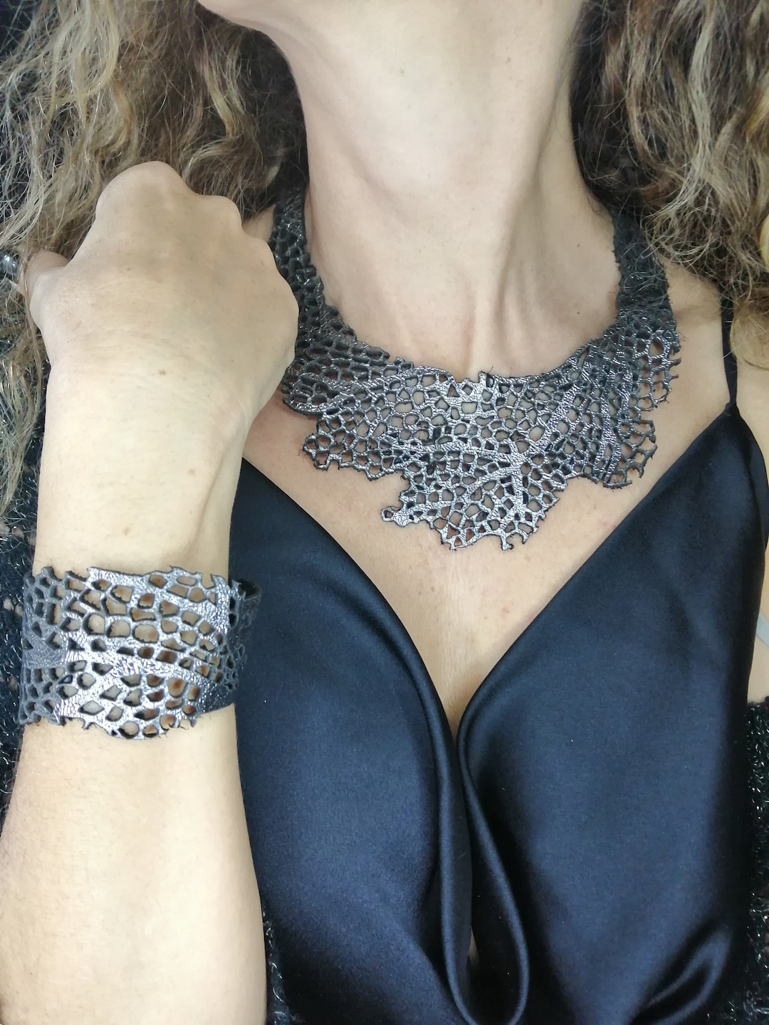 Feligrana Openwork Leather Bib Necklace, Platinum Necklace With Sea ...