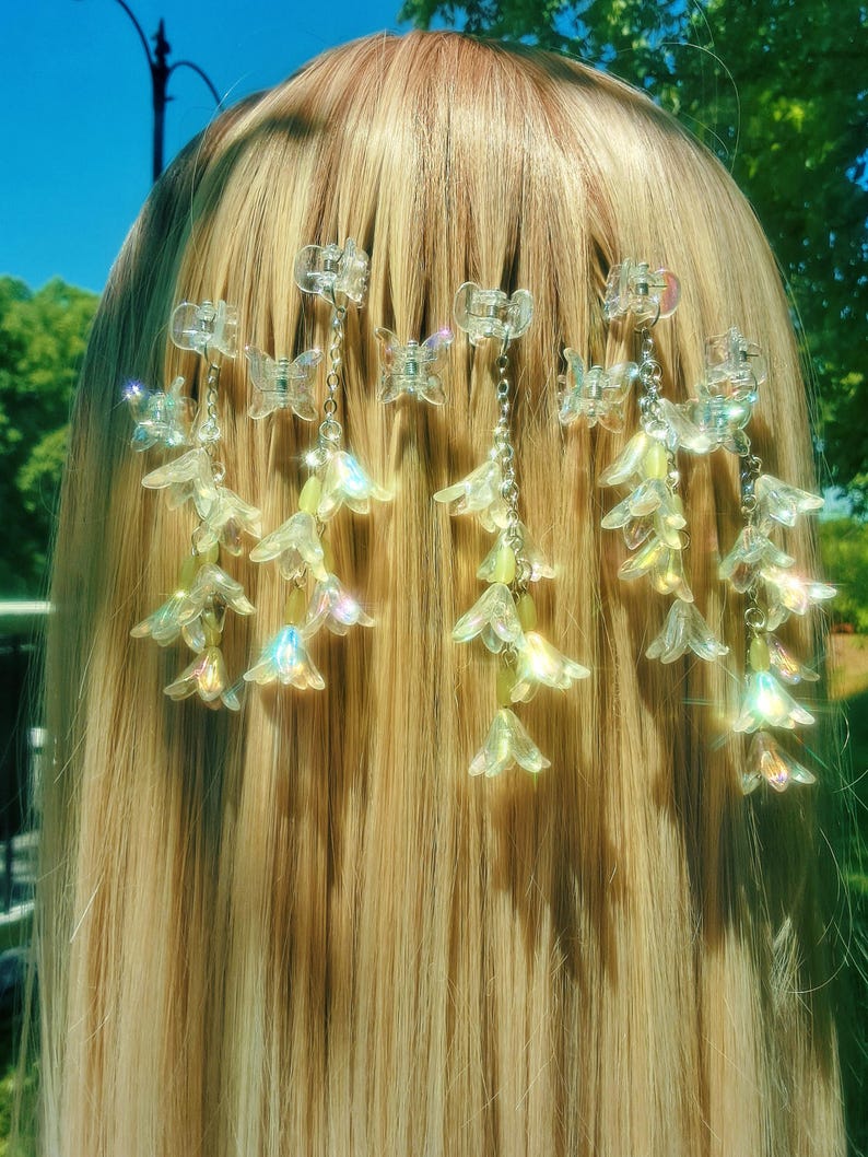 Iridescent Flower Petal Hair Clips – Ethereal Dangle Butterfly Charms ...