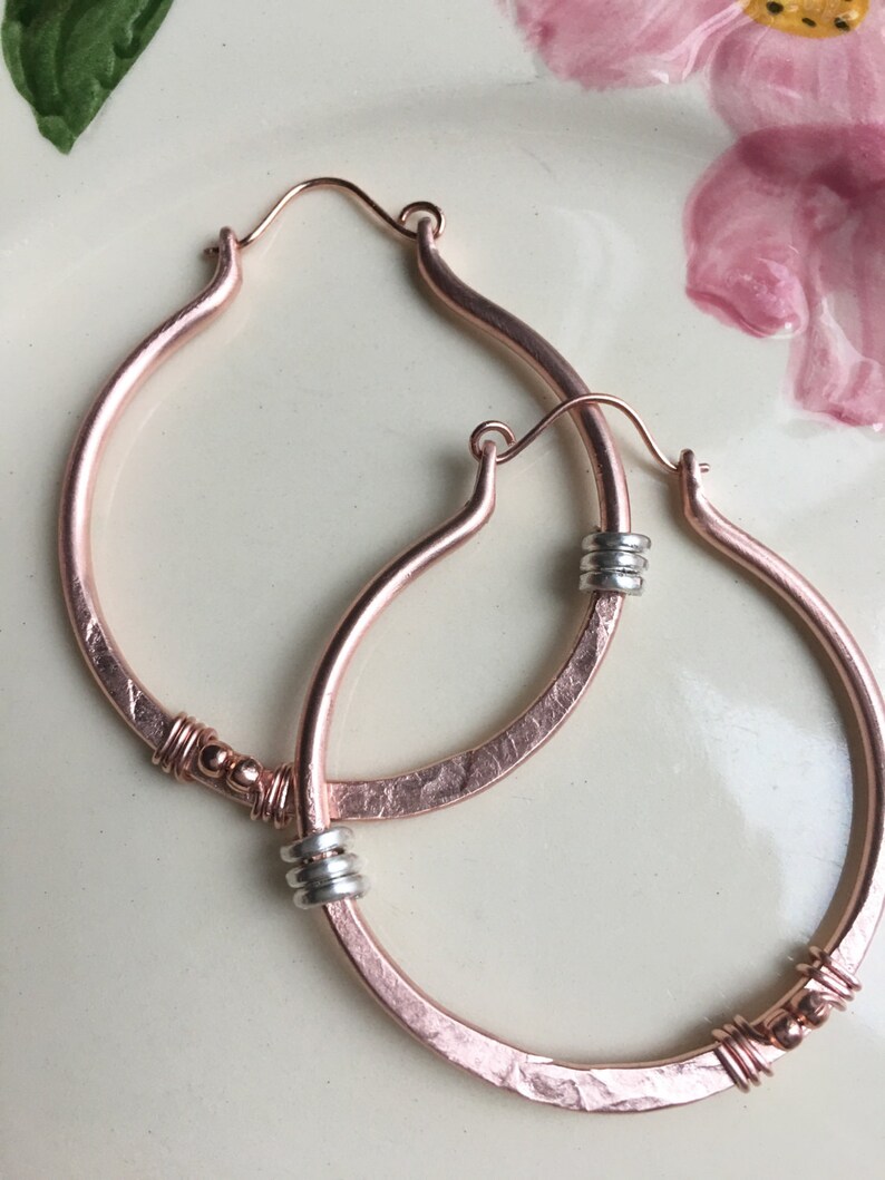 Copper Hoop Earrings Sterling Silver Beaded Hammered Hoops Etsy