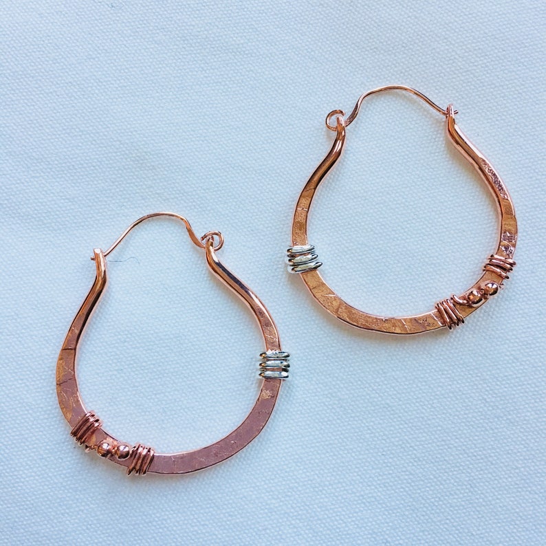 Copper Hoop Earrings Sterling Silver Beaded Hammered Hoops - Etsy