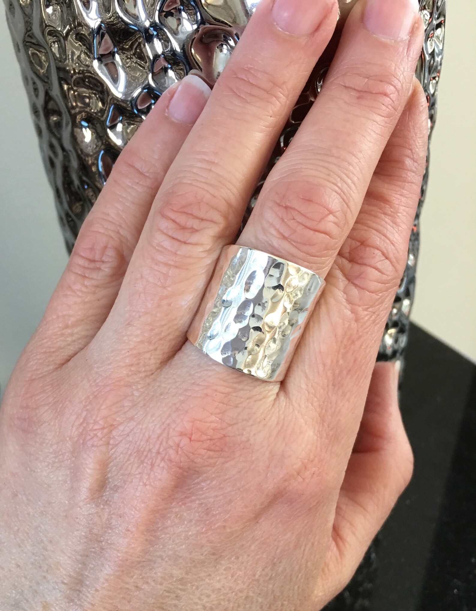 Sterling Silver Hammered Cuff Ring Cigar Band Ring Boho - Etsy