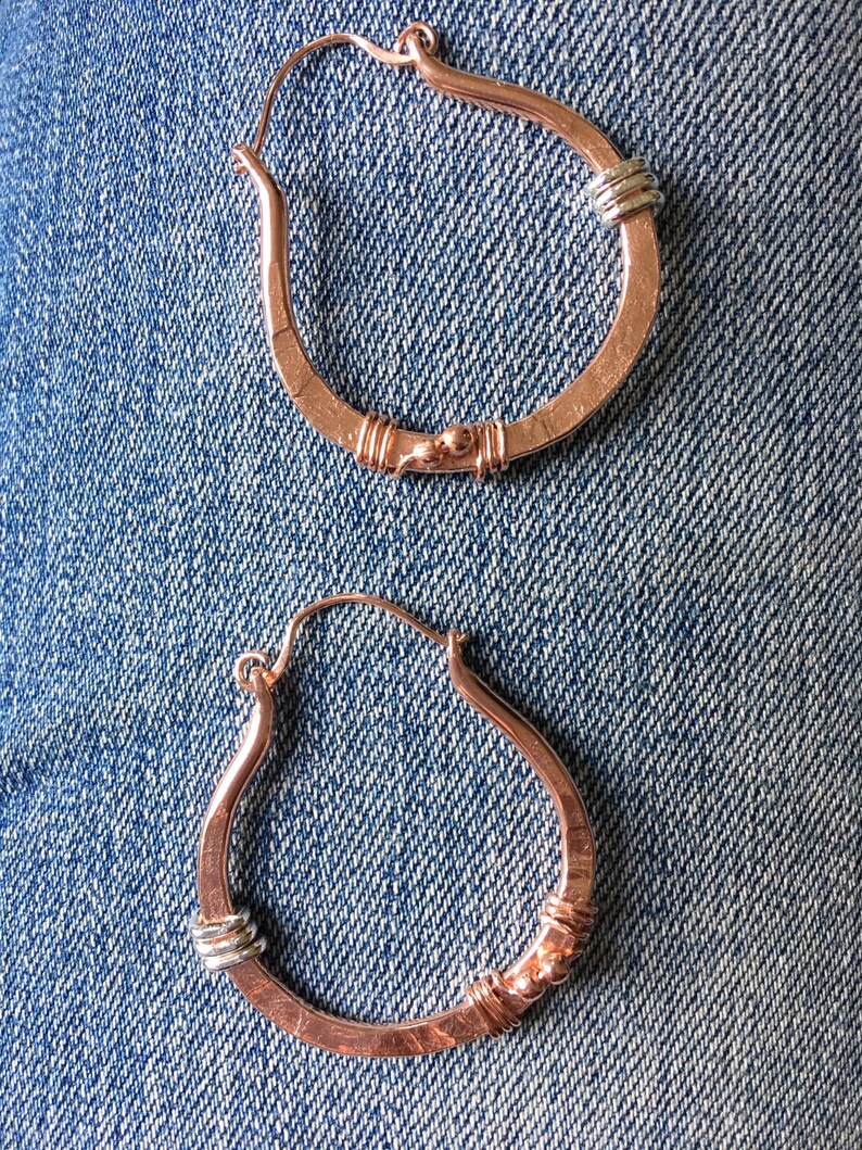 Copper Hoop Earrings Sterling Silver Beaded Hammered Hoops - Etsy