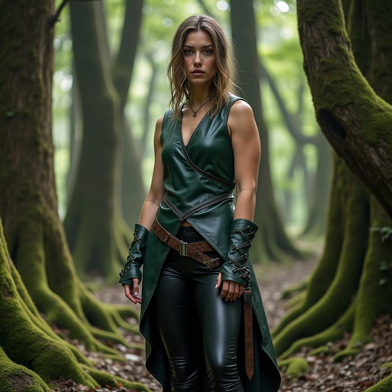 Women Dark Green Rogue Costume | Genuine Leather Vest Belted Waist ...