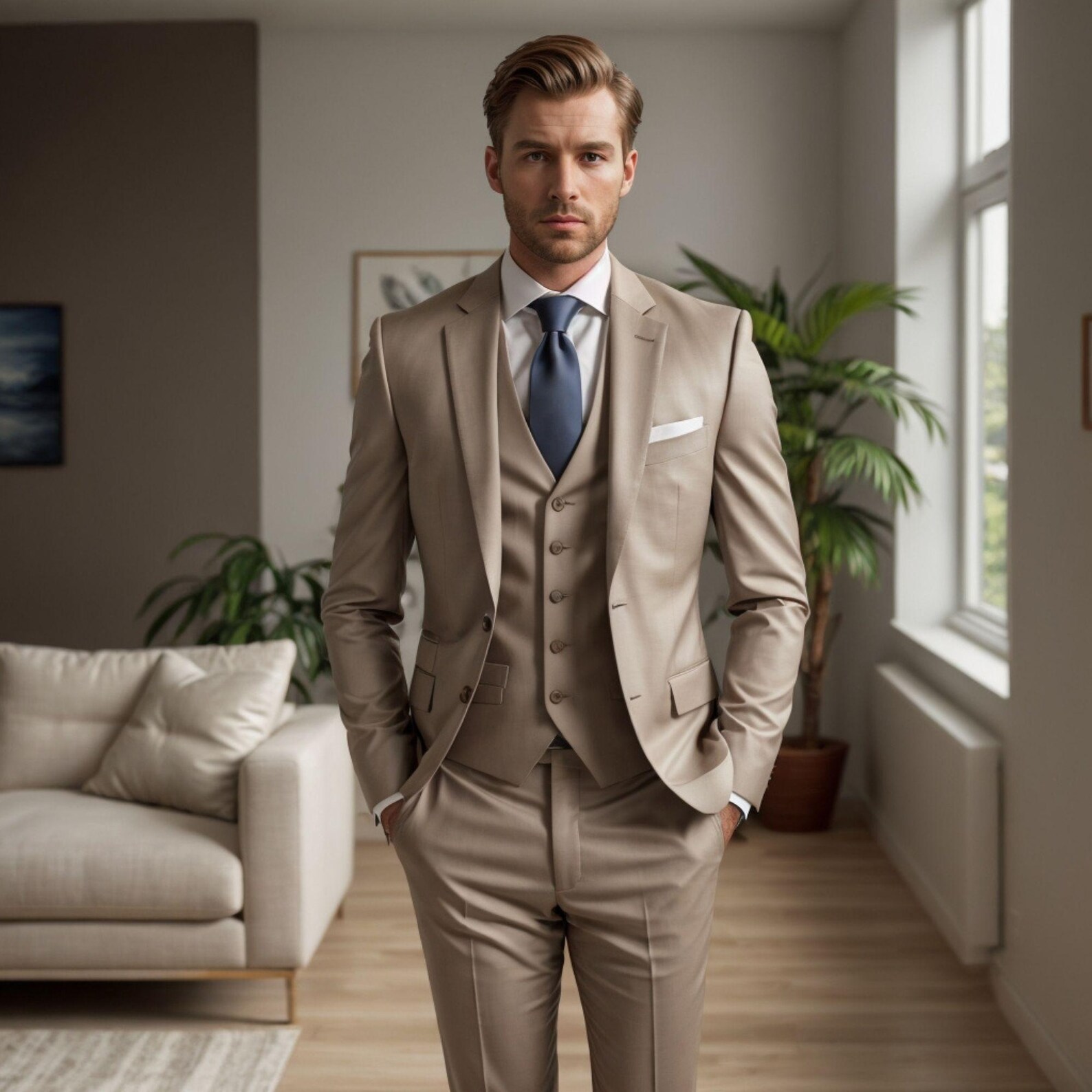 Bespoke Light Brown 3-piece Suit for Men, Premium Office Wear Formal ...