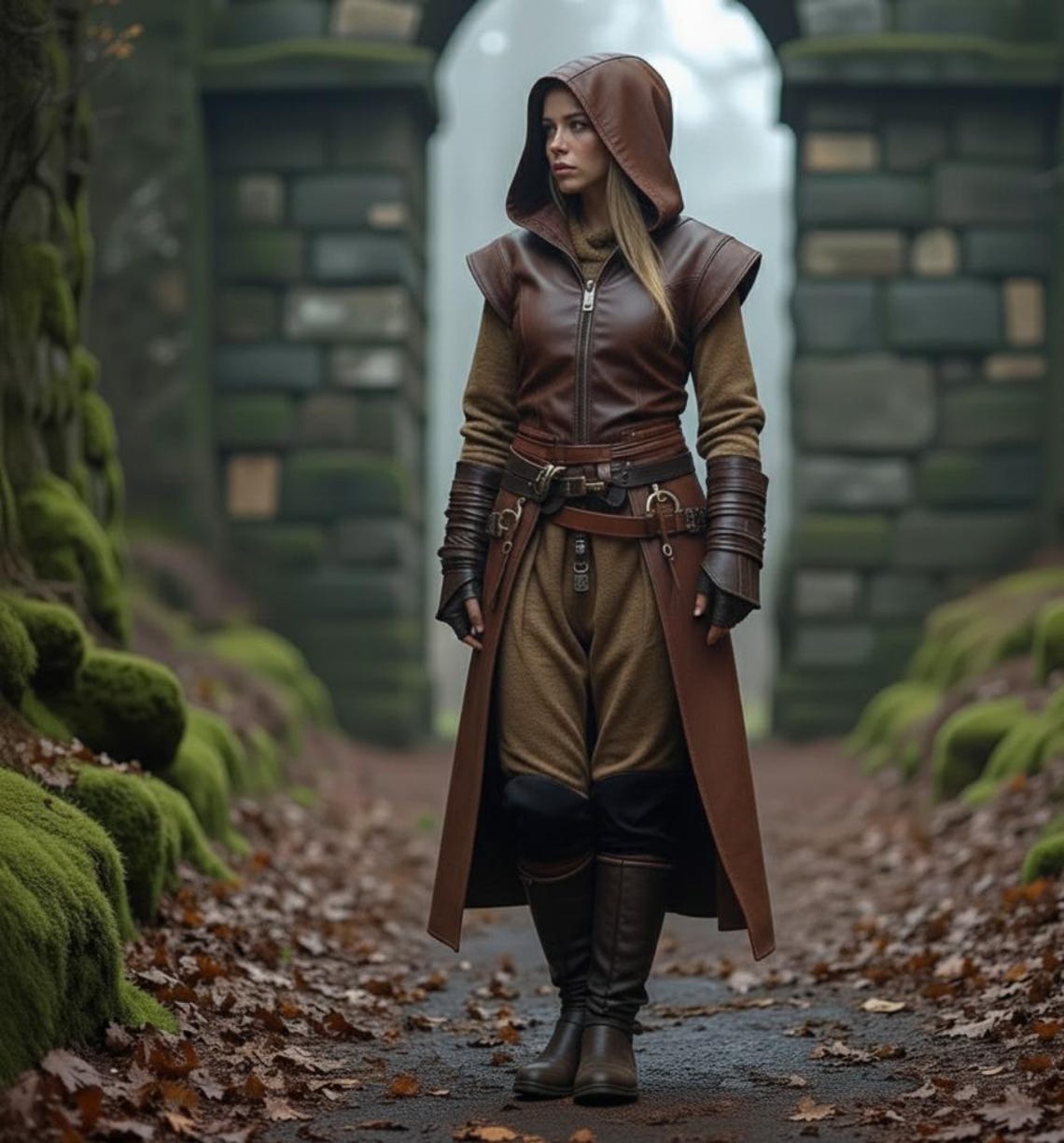 Women's Brown Leather Ranger Costume | Hooded Medieval Warrior Outfit ...