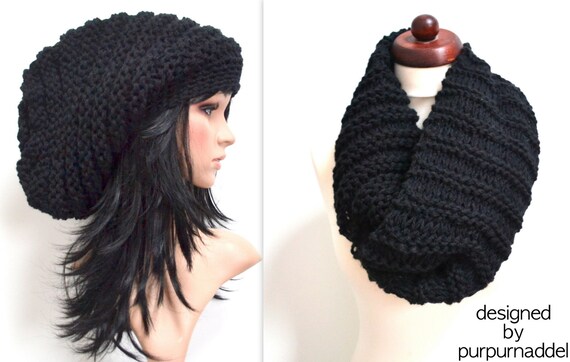 Hat and Scarf Set in black Winter Hat Scarf Beanie Slouch