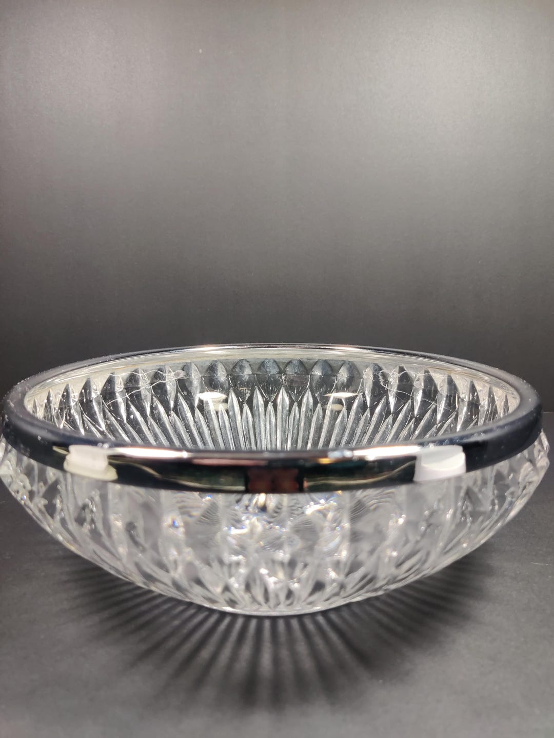 Rare Vintage Mayell Diamond Point Pressed Glass Bowl/ Silver Band Trim ...