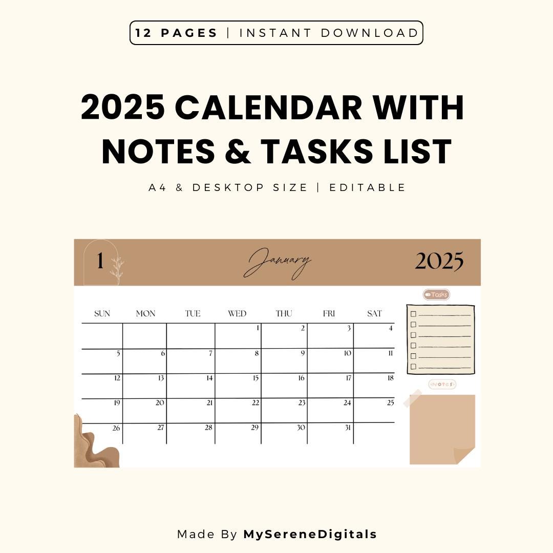 2025 Monthly Calendar - 2025 Calendar With Notes & Tasks - Desktop , A4 ...