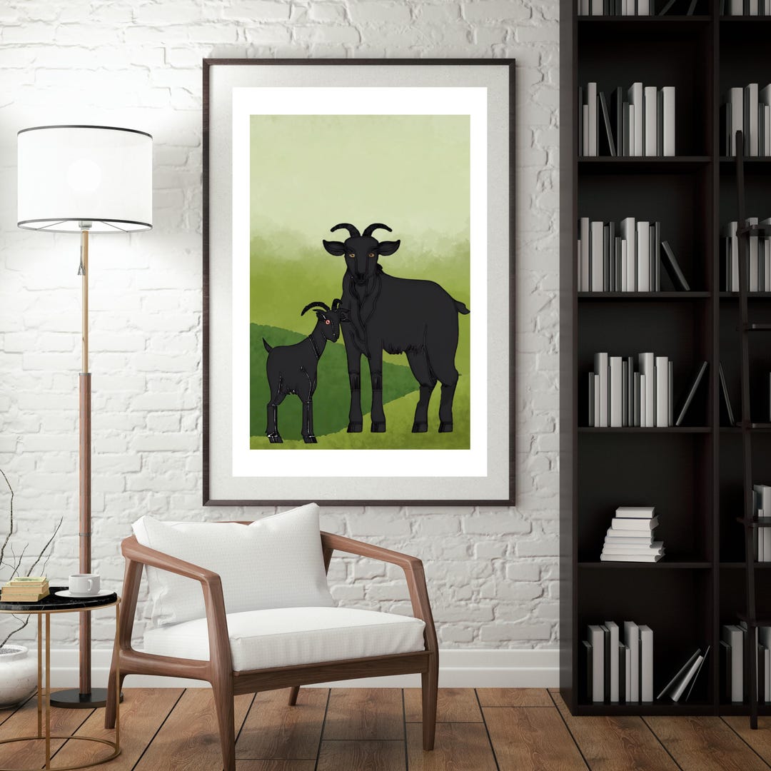 Gothic Goat & Kid Digital Art - Striking Wall Decor in Green Hue - Wall ...