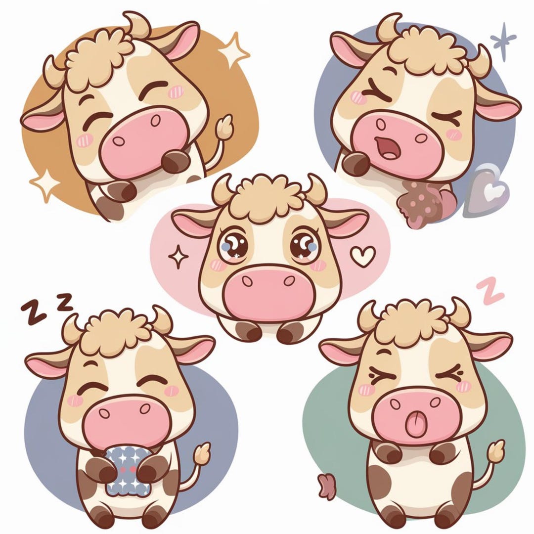 Cow Emote Clipart Set Cute Kawaii Cartoon Cow Stickers, Digital ...