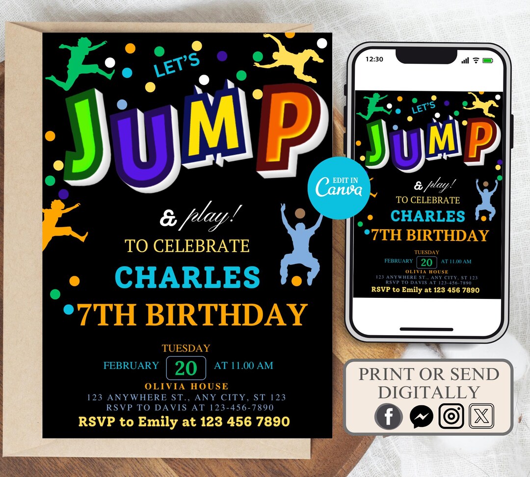 Jump Invitation Jump Birthday Party Invite Party Bounce House Party ...