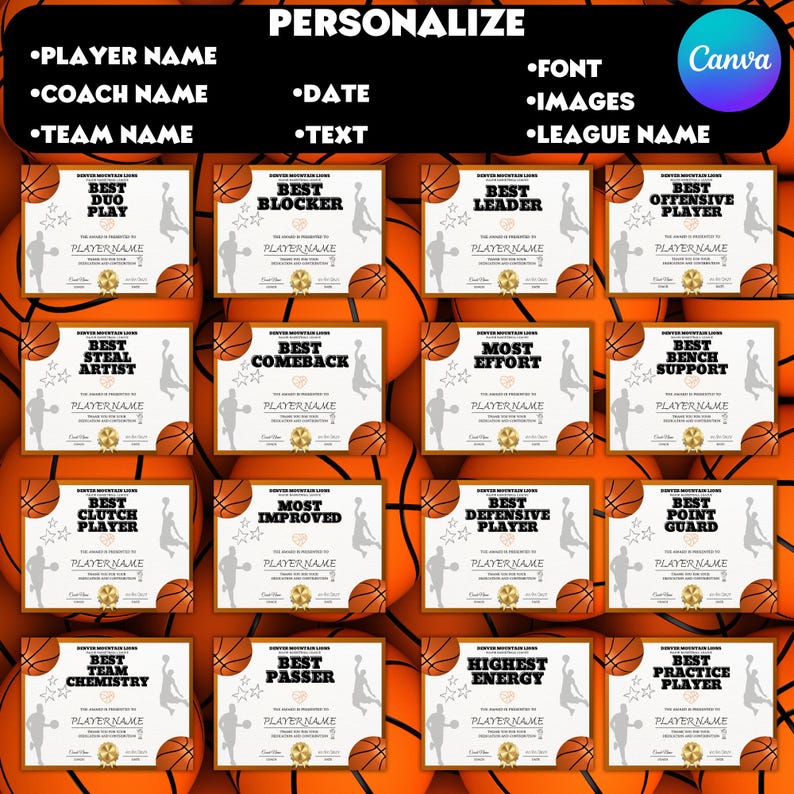 Basketball Award Certificates Printable | 50 Editable Canva Templates ...