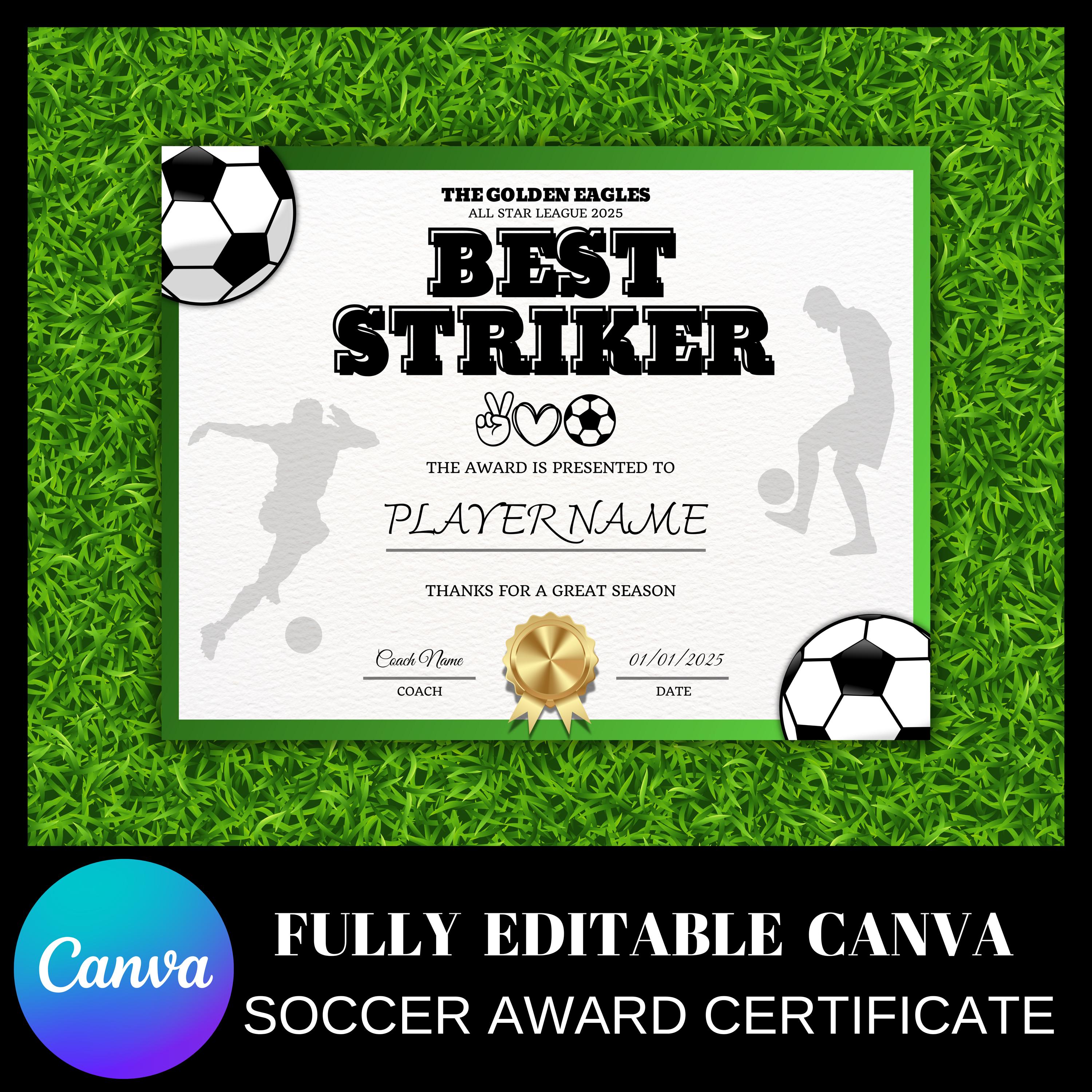 Editable Soccer Award Certificate | Soccer Team Award | End of Season ...