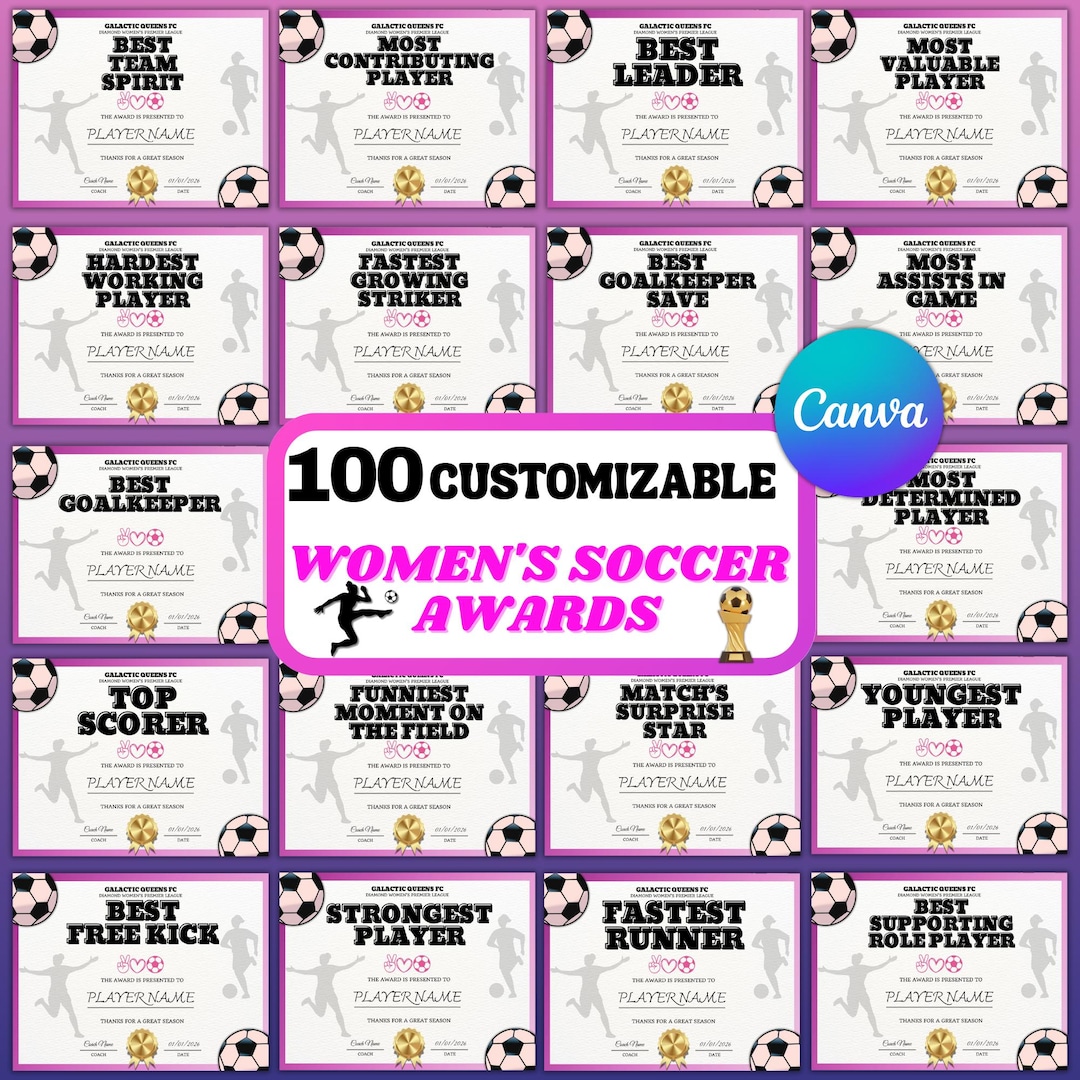 100 Women’s Soccer Award Certificates | Editable Canva Templates | Girl ...