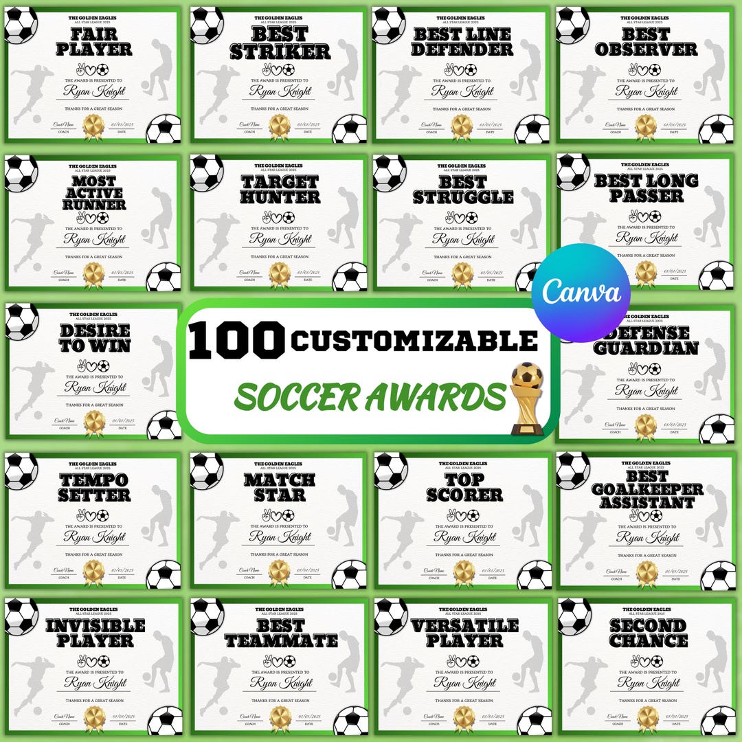 100 Editable Soccer Award Certificates | Soccer Team Awards | End of ...