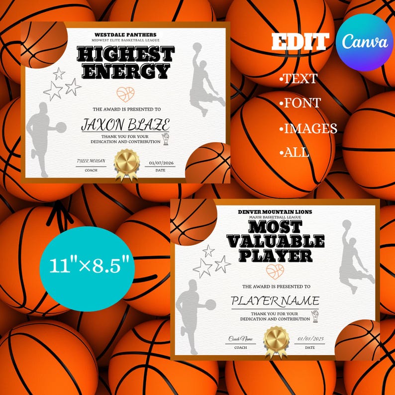 Basketball Award Certificates Printable | 50 Editable Canva Templates ...
