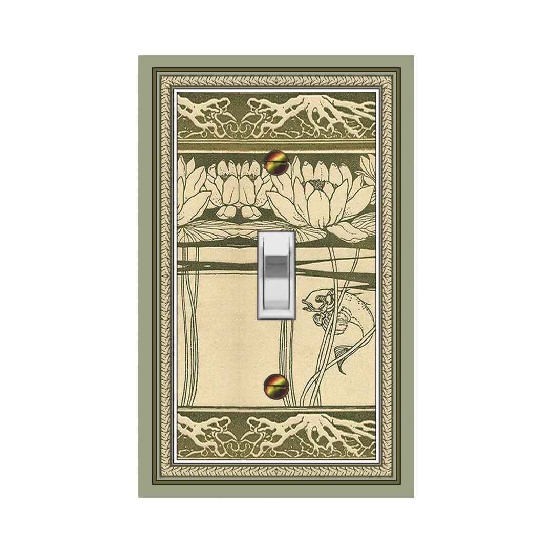 0361X Flat Image of Vintage Look Water Lilies & Fish Khaki Tan Olive ...