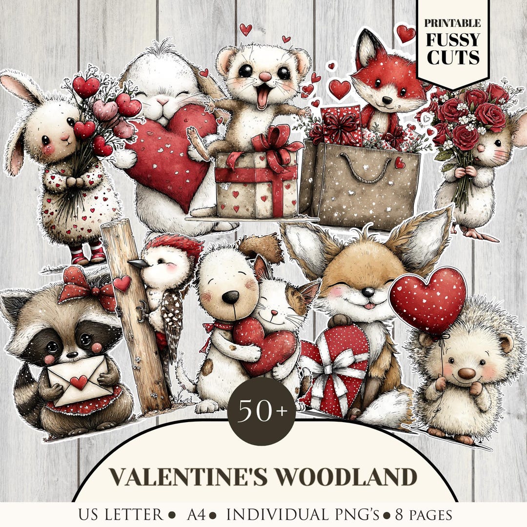 Valentine's Woodland Printable Fussy Cuts for Journals, Cute Valentine ...
