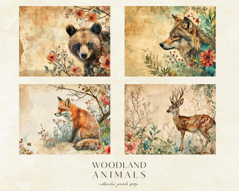 Woodland Animals Junk Journal Kit Vintage Wild Bear Fox Deer Rabbit ...