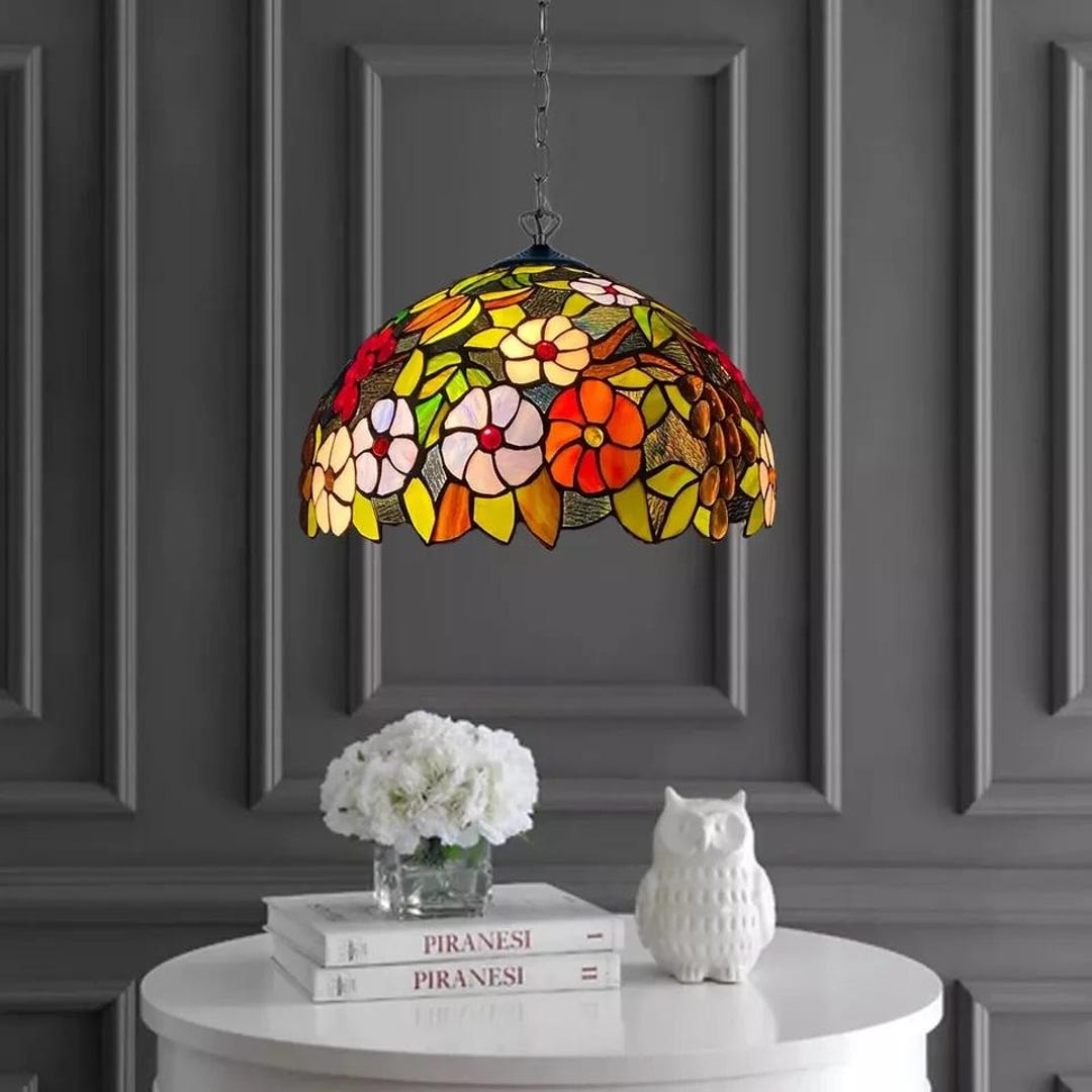 Tiffany Pendant 16 Inch Lamp Flowered Style Multicolor Stained Glass ...