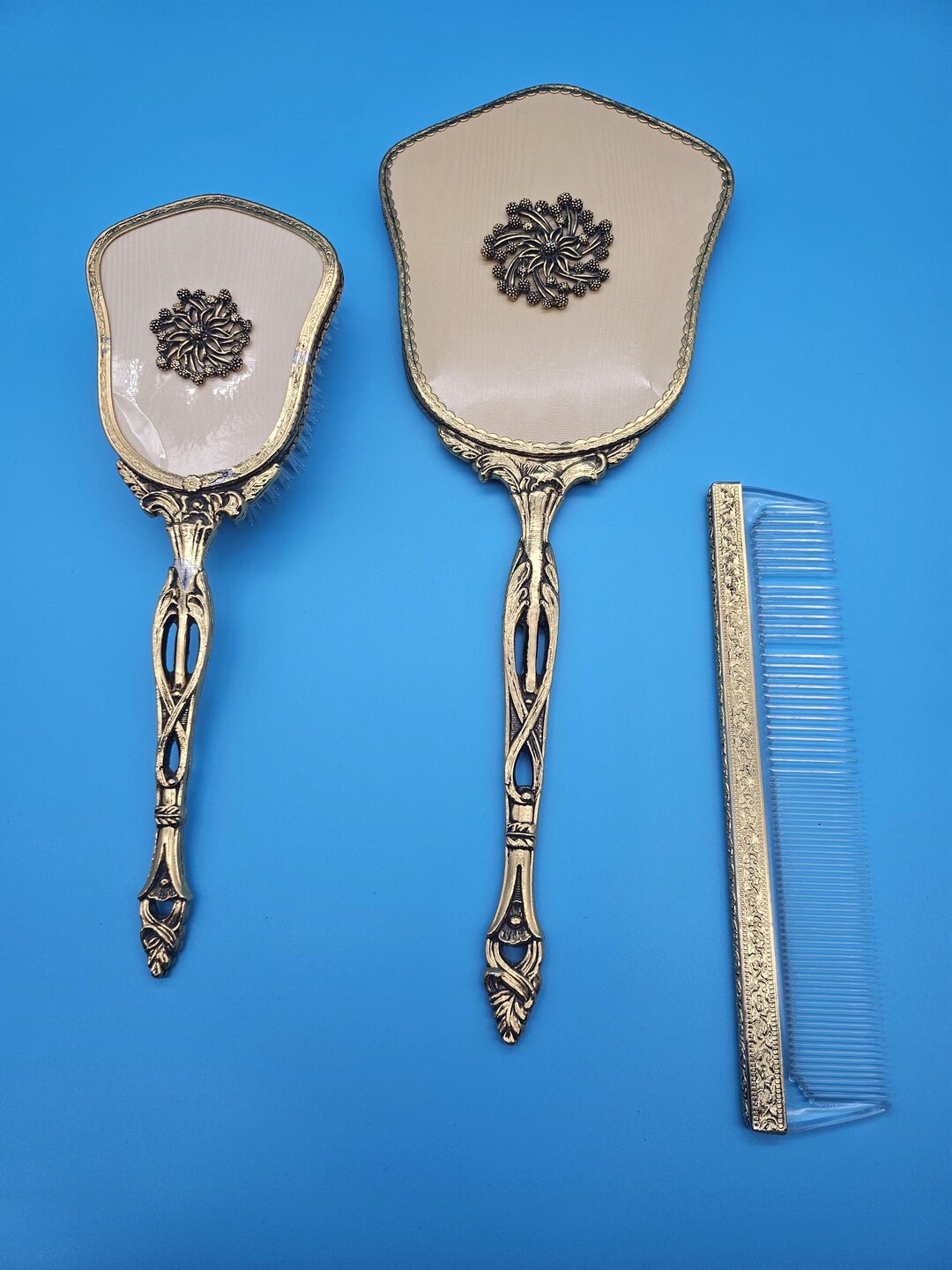 Vintage Gold Plated Style Built Mirror, Brush and Comb. - Etsy