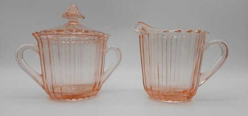 Vintage Pink Depression Glass Creamer & Lidded Sugar Bowl Normandie ...