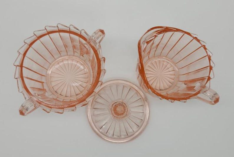 Vintage Pink Depression Glass Creamer & Lidded Sugar Bowl Normandie ...