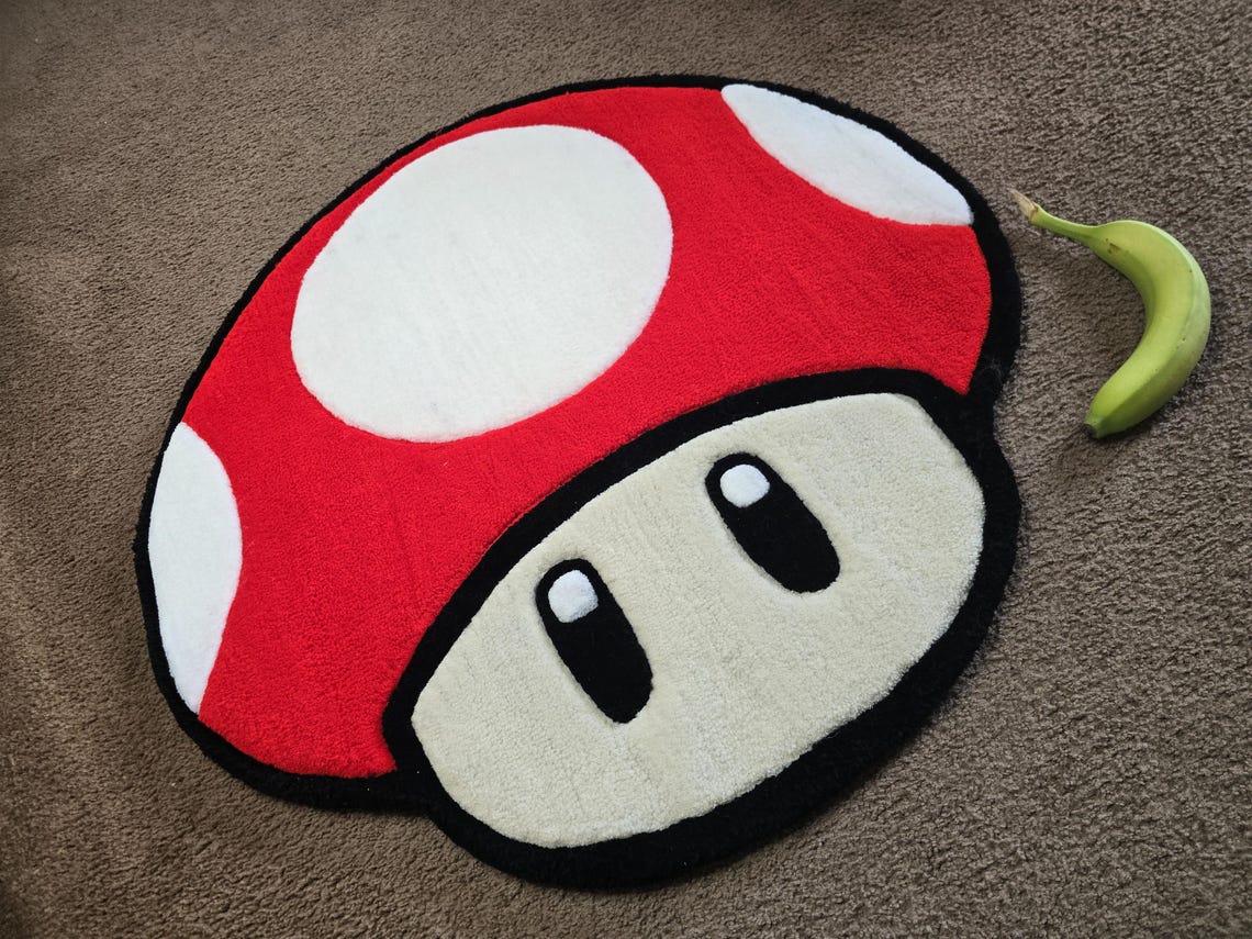 Mario Mushroom Rug Handmade Tufted Rug Custom Wall Art RED Mario Fiber ...