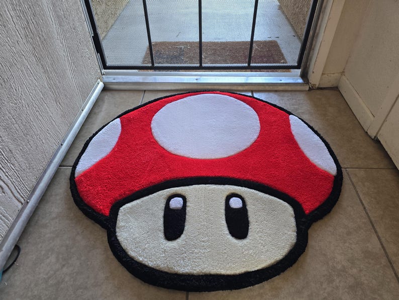 Mario Mushroom Rug Handmade Tufted Rug Custom Wall Art RED Mario Fiber ...
