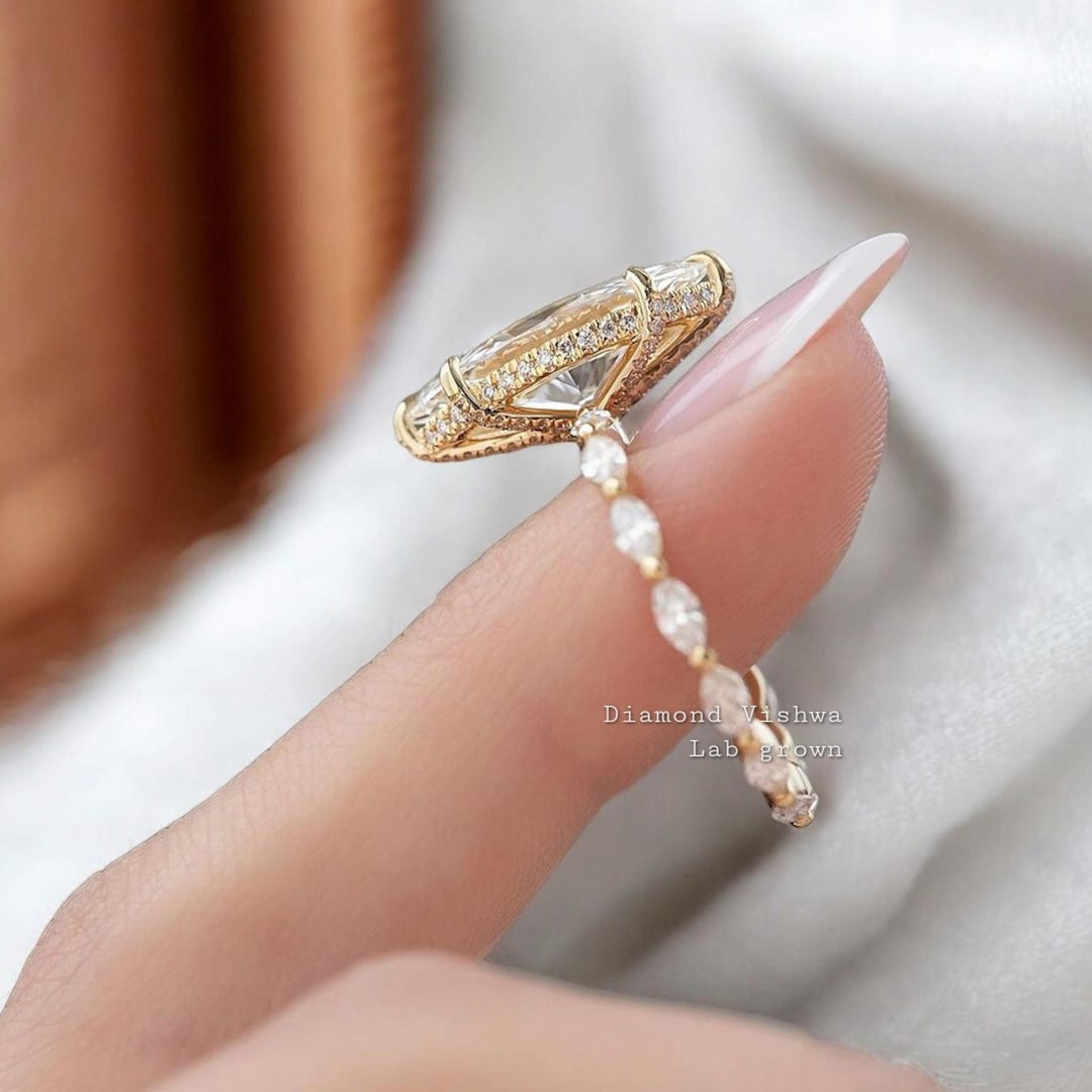 2CT Marquise Lab Diamond Engagement Ring With Hidden Halo With Marquise and Round Diamond Band ...