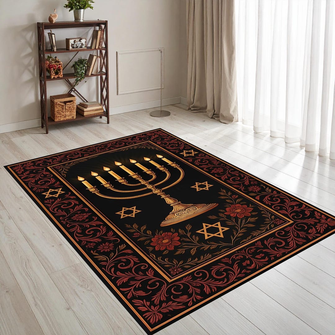 Jewish Menorah Prayer Mat, Star of David Tallit Style Rug, Blue & Beige ...