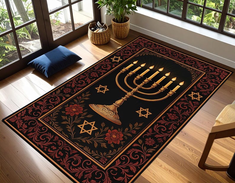 Jewish Menorah Prayer Mat, Star of David Tallit Style Rug, Blue & Beige ...