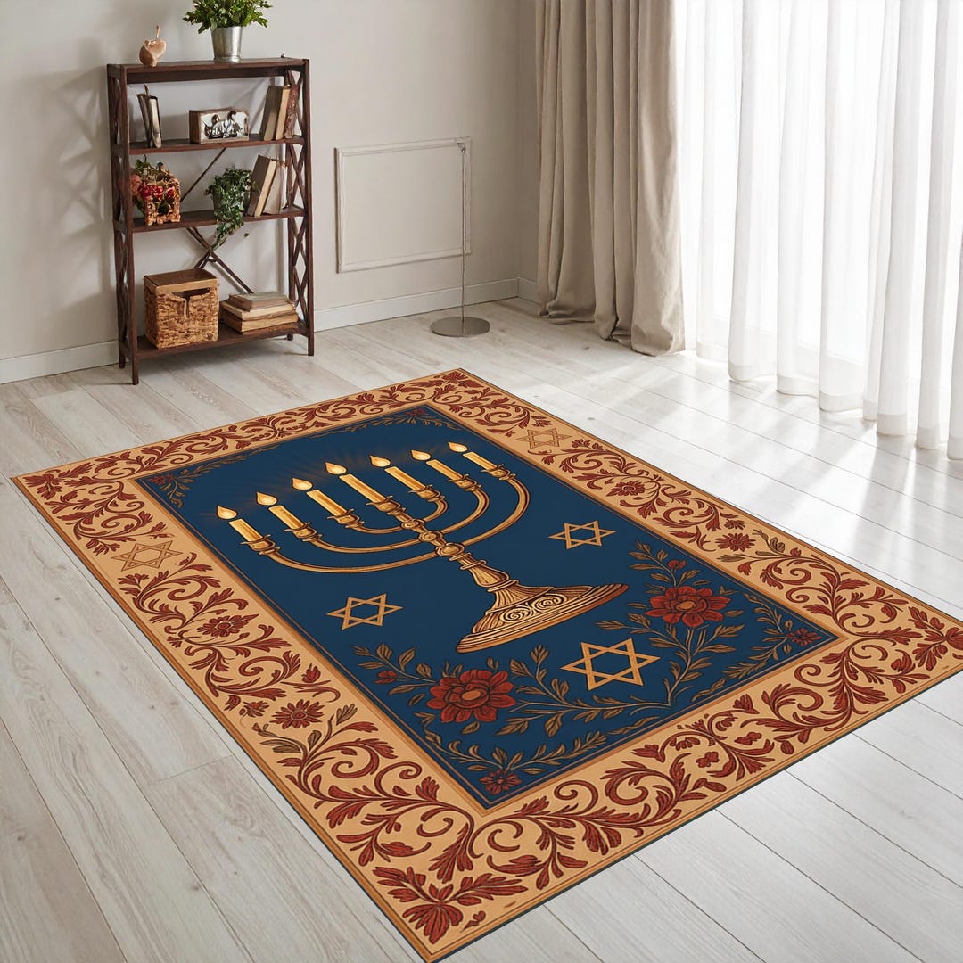 Jewish Menorah Prayer Mat, Star of David Tallit Style Rug, Blue & Beige ...