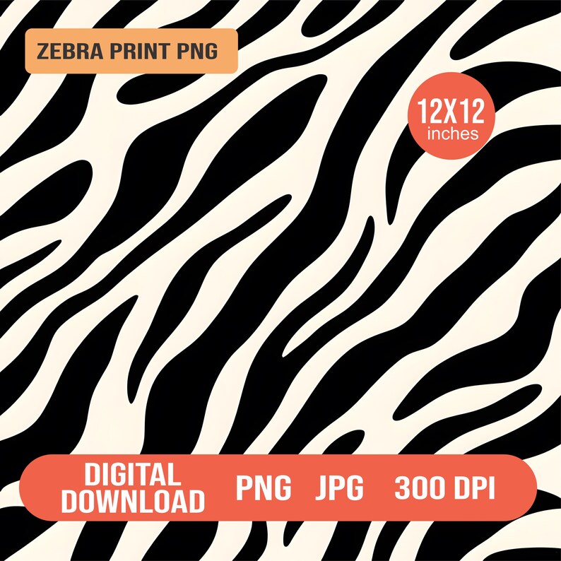 Zebra Print Seamless Pattern PNG JPG | 12x12" Animal Stripe Digital ...