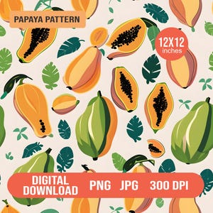 Seamless Papaya Pattern: Tropical Fruit Digital Paper (PNG, JPG) - Etsy