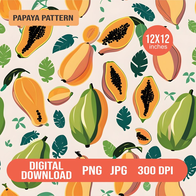 Seamless Papaya Pattern: Tropical Fruit Digital Paper (PNG, JPG) - Etsy