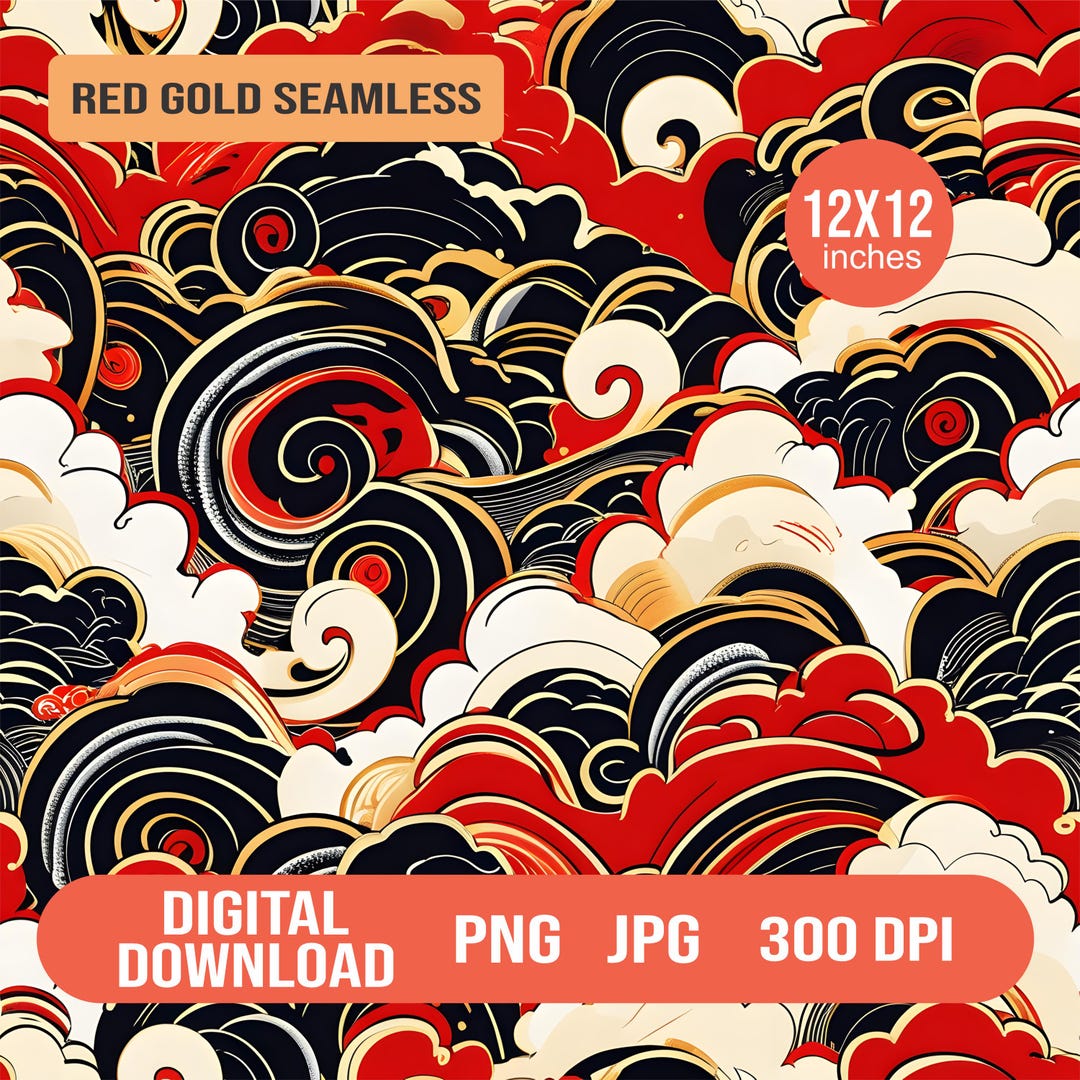 Red Black Gold Cloud Seamless Pattern | Japanese Tattoo Style Digital Paper PNG JPG | 12x12, 300 ...