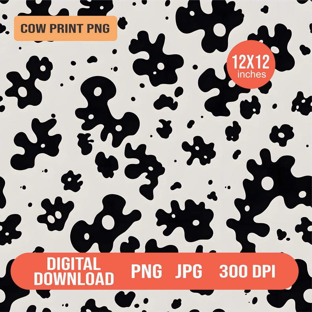 Seamless Cow Print Pattern PNG JPG | 12x12" Black and White Animal ...