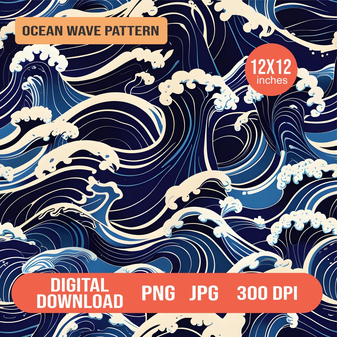 Seamless Ocean Wave Pattern PNG JPG | Japanese Style Sea Digital Paper ...