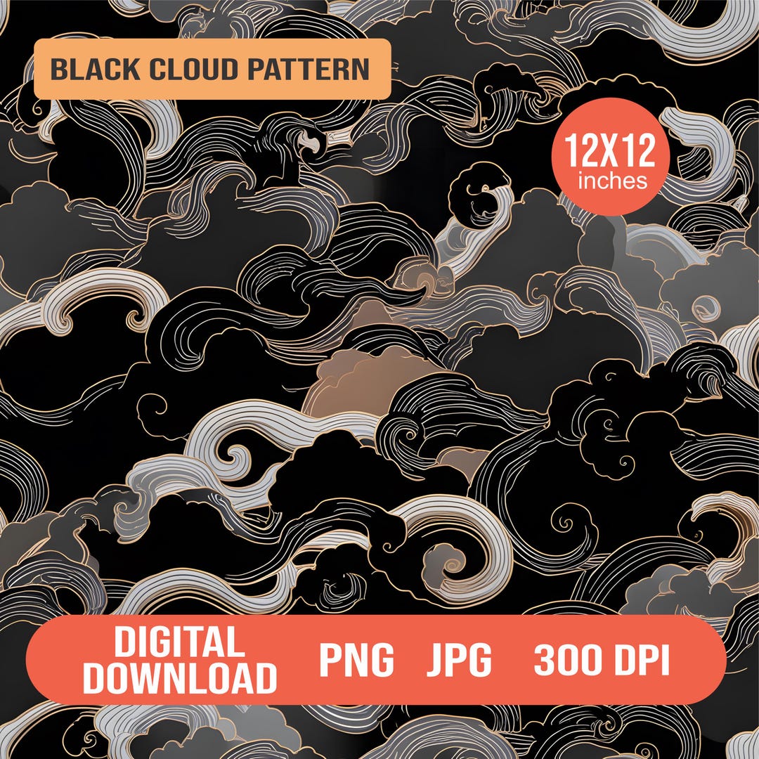 Black Japanese Cloud Seamless Pattern | Kumo Digital Paper PNG JPG ...