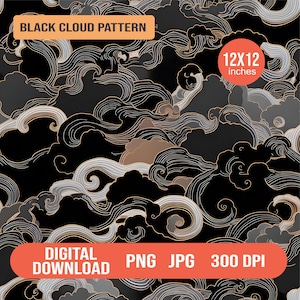 Black Japanese Cloud Seamless Pattern | Kumo Digital Paper PNG JPG ...