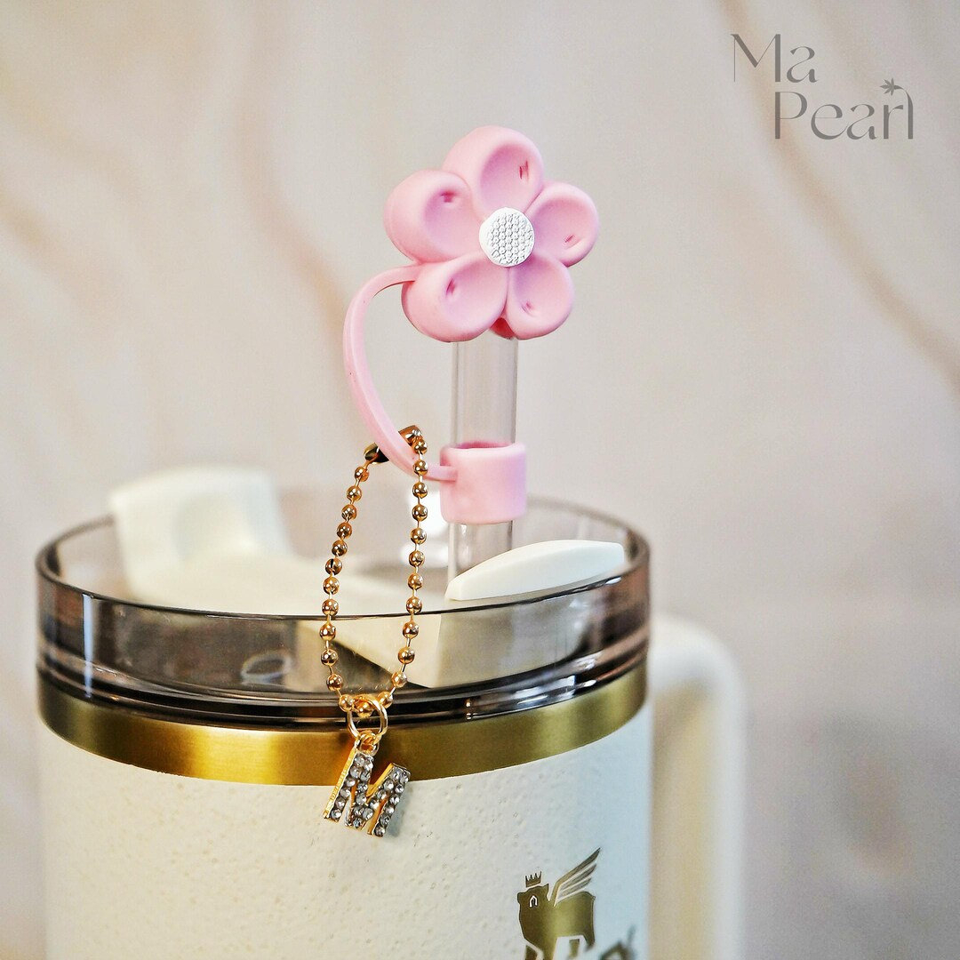 Pink Flower Straw Topper With Customized Chain - Removable Personalized ...