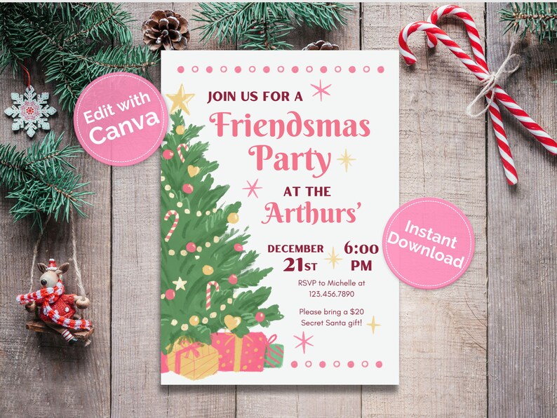 Editable Friendsmas Party Invitation, Pink Christmas Invite, Christmas ...