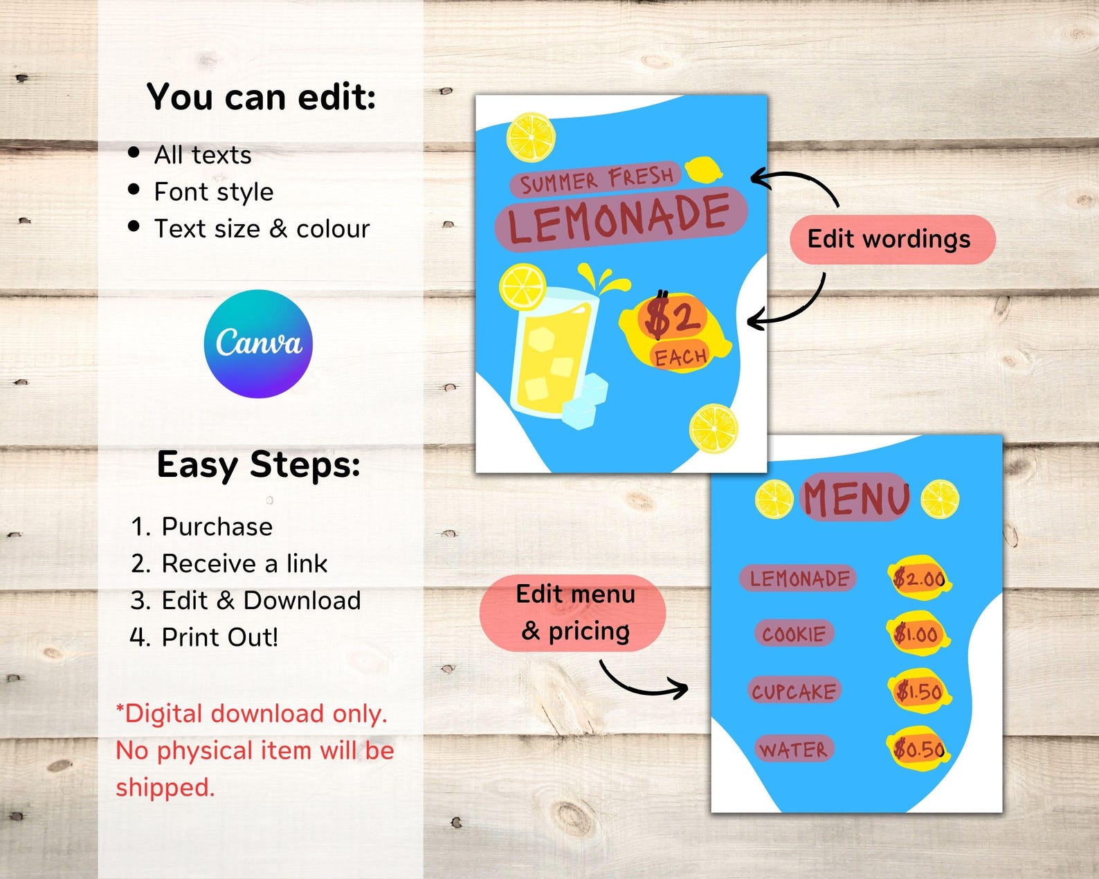 Editable Lemonade Stand Sign, Lemonade Stand Menu, Custom Lemonade ...