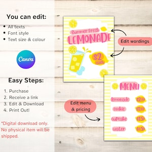 Editable Lemonade Stand Sign, Lemonade Stand Menu, Custom Lemonade ...