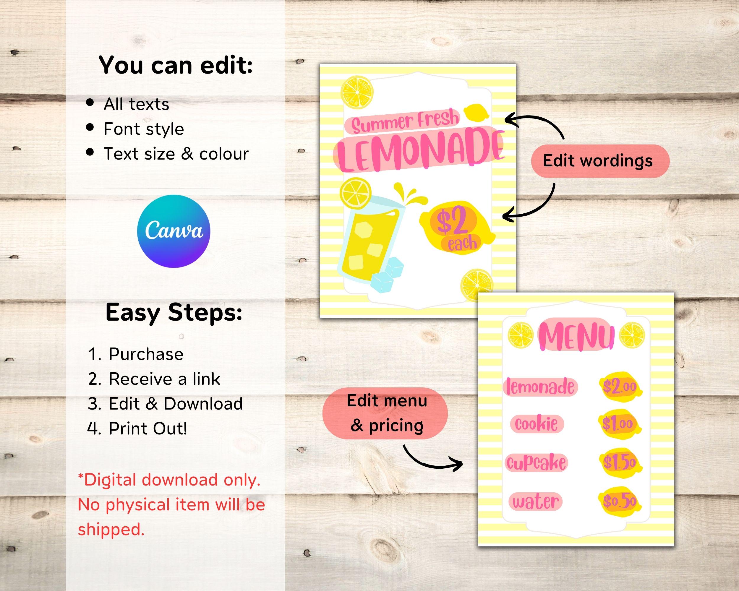Editable Lemonade Stand Sign, Lemonade Stand Menu, Custom Lemonade ...